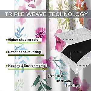 Floral Plant Blackout Curtains,Pink Watercolor Floral Girls Kids Home Window Treatments for Home Living Room Bedroom Drapes 52x84in