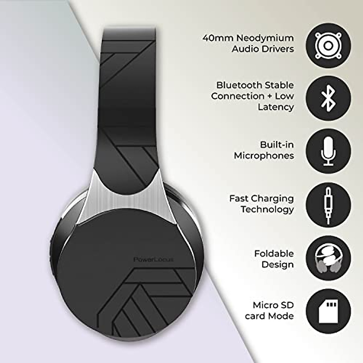 PowerLocus Bluetooth Headphones Over Ear, Wireless Headphones, Foldable Headphone with Hi-Fi Stereo, Built-in Microphone, Soft Earmuffs, Micro SD, Wireless and Wired Headphone for iPhone/iPad/PC/TV