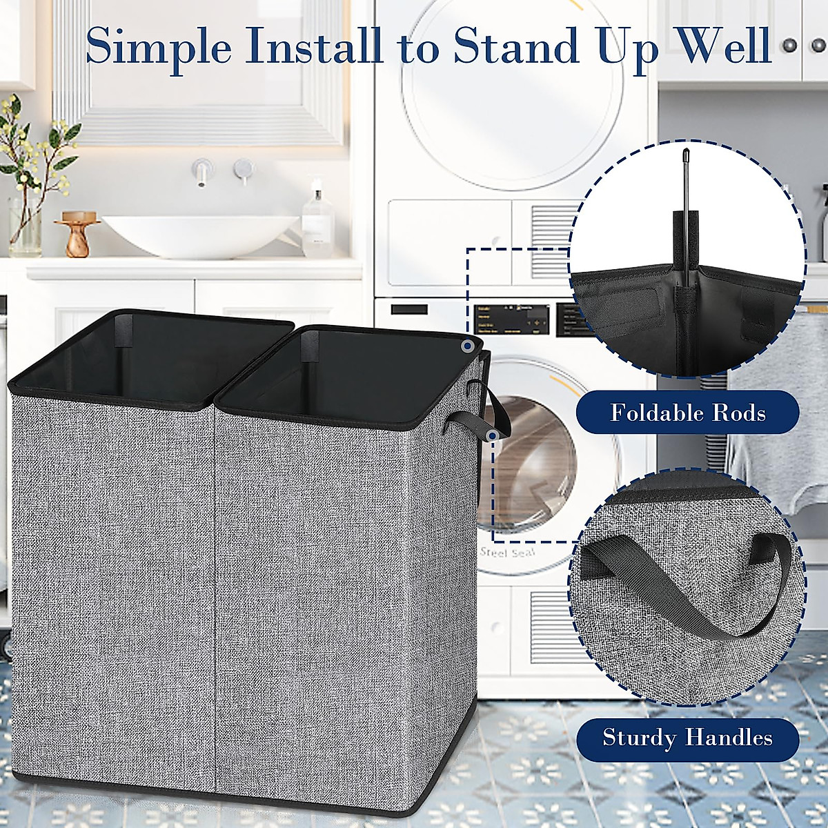 Pheswisom 150 L Extra Large Laundry Hamper with Lid, Double Laundry Hamper 2 Section with Removable Bags, Dirty Clothes Hamper for Storage Sorter, Dual Laundry Hamper for Bedroom, College, Dorm, Grey