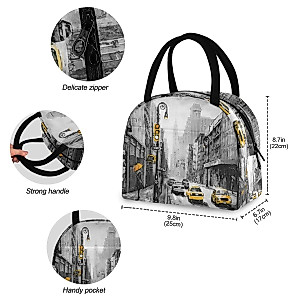 ZzWwR Trendy Street View of New York Reusable Lunch Tote Bag with Front Pocket Zipper Closure Insulated Thermal Cooler Container Bag Work Picnic Travel Beach Fishing