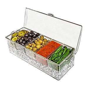 Ice Chilled 5 Compartment Condiment Server Caddy - Serving Tray Container with 5 Removable Dishes with Over 2 Cup Capacity Each and Hinged Lid | 3 Serving Spoons + 3 Tongs Included