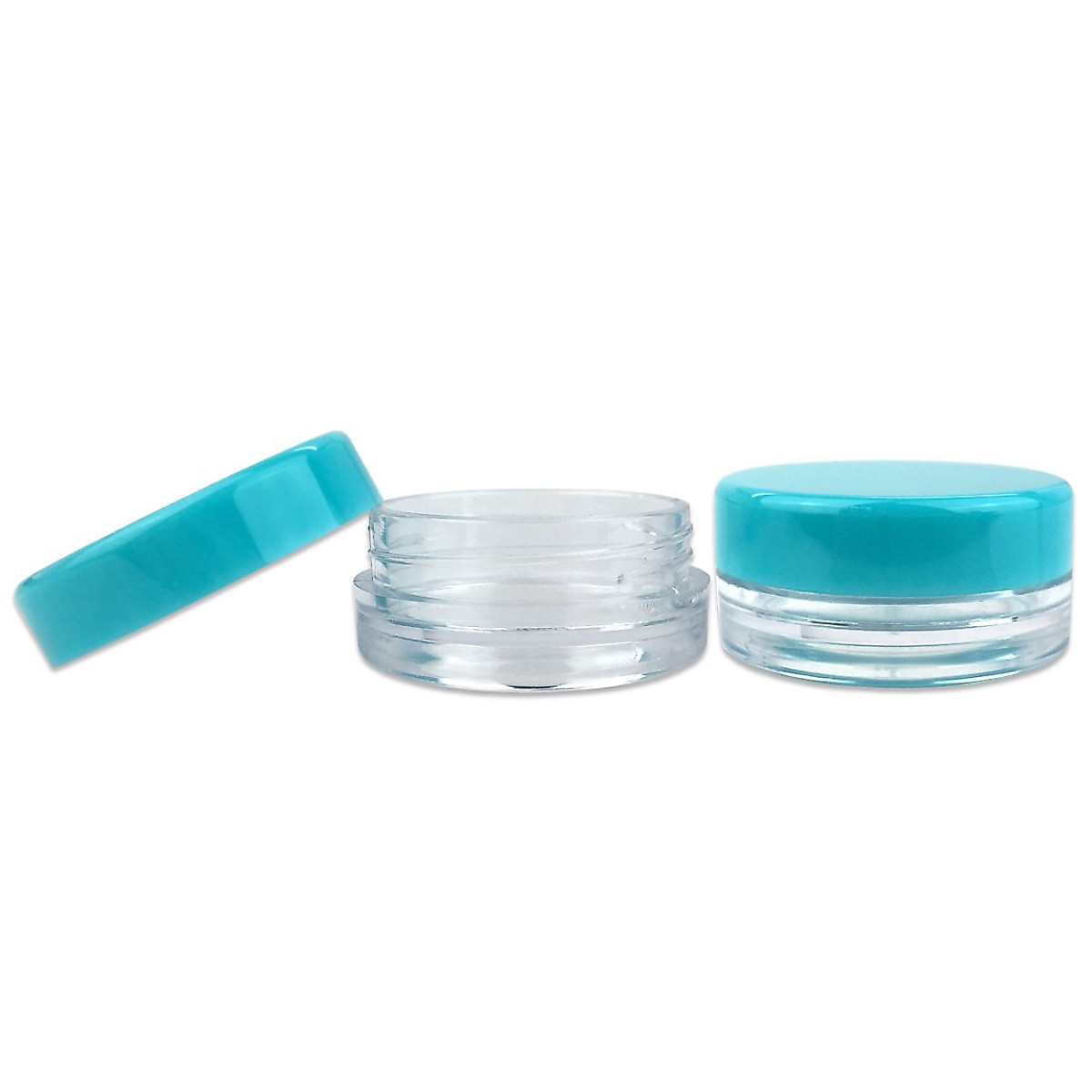 (100 Pieces Jars + Lid) Beauticom 3G/3ML Round Clear Jars with Teal Sky Blue Screw Cap Lids for Scrubs, Oils, Toner, Salves, Creams, Lotions, Makeup Samples, Lip Balms - BPA Free