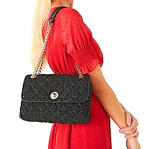 KATE SPADE NATALIA SEQUIN TWEED FABRIC MEDIUM FLAP SHOULDER BAG IN BLACK