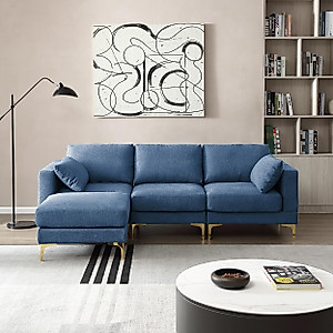 N NOORDENIYA 93'' L Shape Sectional Sofa Couch, Sectional Couch Reversible Chaise with Footstool Ottoman, 3-Seater Sofa Couch Set for Apartment, Living Room, Bedroom, Office. Blue Polyester
