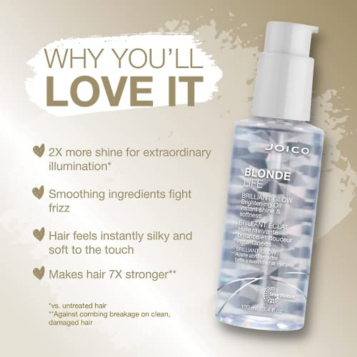 Joico Blonde Life Brilliant Glow Brightening Oil | For Blonde Hair | Tame Frizz | Boost Shine & Brilliance | Add Softness & Smoothness | With Monoi & Tamanu Oil | 3.4 Fl Oz