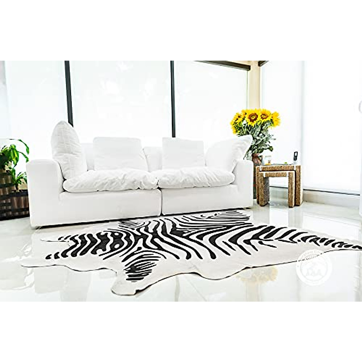 Zebra Print Black on Off White Genuine Cowhide Rug 6 x 7 ft. 180 x 210 cm