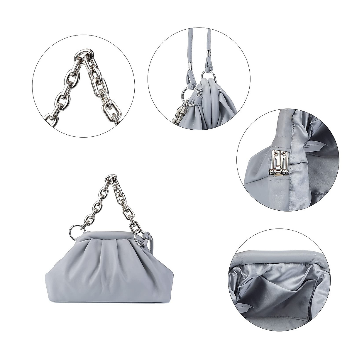 Women's Chain Link Cloud Clutch Bag Dumpling-Shaped Pouch Purse Handbag Ruched Chunky Chain Link Shoulder Handbags (LIGHT GREY)