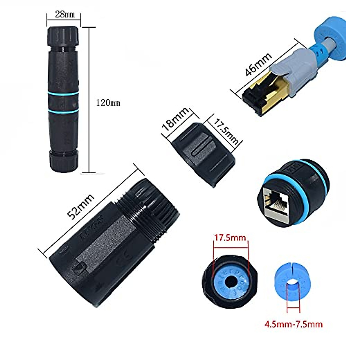 AUSGLEIFEN 5PCS RJ45 Coupler Waterproof Connector IP68 Waterproof Ethernet Outdoor LAN Cable Connector for Cat5/Cat5e/Cat6/Cat7 Ethernet Cable, Shielded Female to Female Waterproof Ethernet Coupler