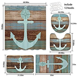 ASPMIZ 5 Pcs Anchor Shower Curtain Sets with Rugs and Towels, Include Non-Slip Rug, Toilet Lid Cover and Bath Mat, Nautical Anchor Rustic Wood Waterproof Shower Curtain with 12 Hooks for Bathroom
