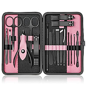 Manicure Set Professional Nail Clippers Kit Pedicure Care Tools- Stainless Steel Grooming Kit 18Pcs for Travel or Home (Black/Pink)