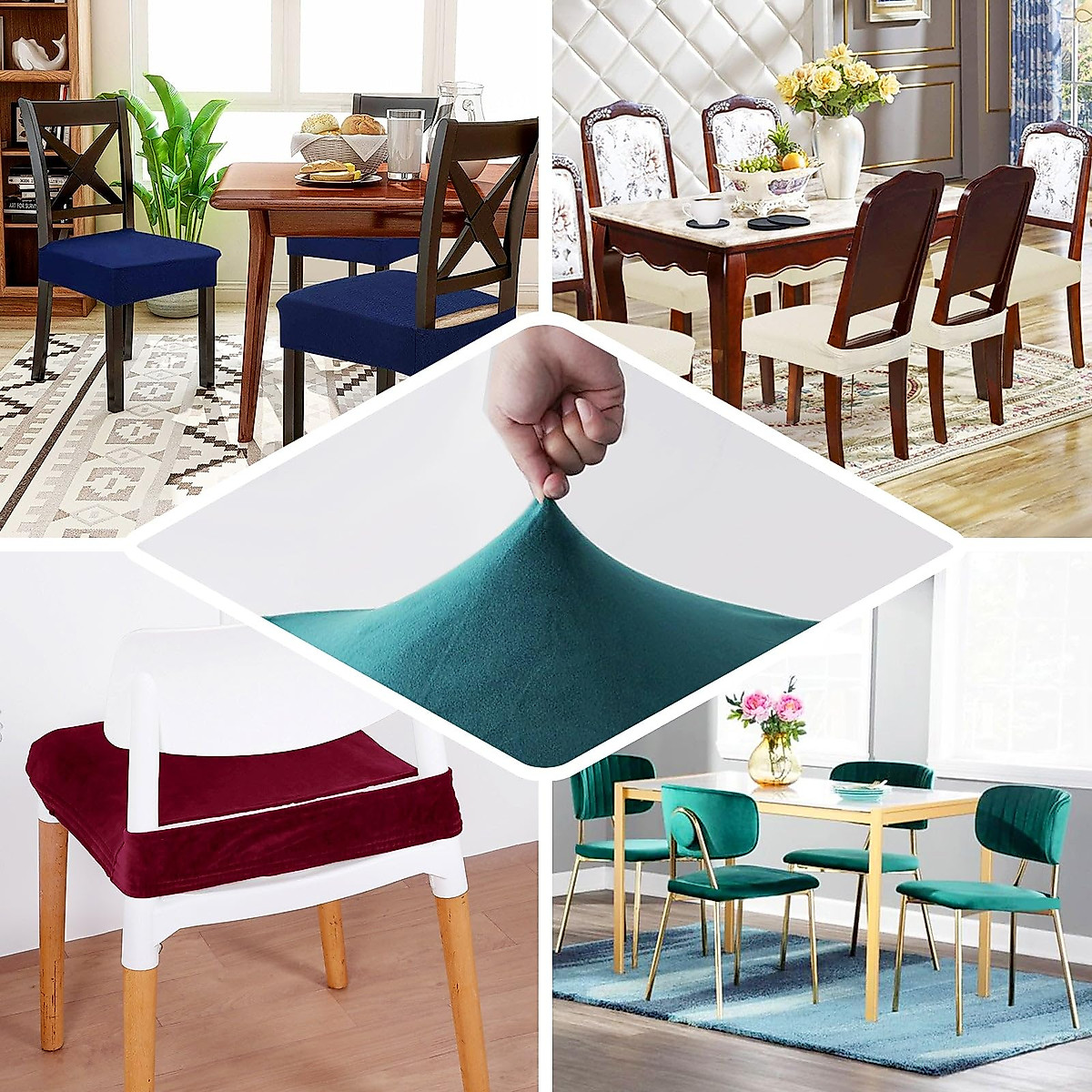 Efavormart Hunter Green Velvet Dining Chair Seat Cover, Stretchable Chair Cushion Cover with Tie Removable Washable Upholstered Protector Seat Slipcovers for Dining Room, Office