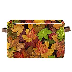Dry Autumn Leaves Storage Basket Fall Maple Tree Storage Organizer Box Bin Large Collapsible Cube Baskets with PU Handles for Shelf Closet Nursery Laundry 1 Pack