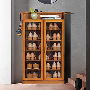 MoNiBloom 7 Tier Shoe Storage Cabinet Bamboo Free Standing Shoes Oragnizer with Visible Doors and Side Hooks for 14-18 Pairs Home Entryway, Brown