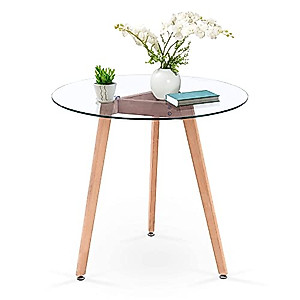 Ivinta Round Glass Dining Table, Modern Leisure Table with Wood Legs for Kitchen Dining Room Living Room, Accent Table Small Tea Table for 2, Space Saving, 31.5 inch