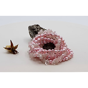 LTC Designs Set of 7 Dyed Pink Cultured Freshwater Baroque (5.5-6mm) Pearl and Rose/Crystal Quartz Stretch Bracelets, 7.5" for Women