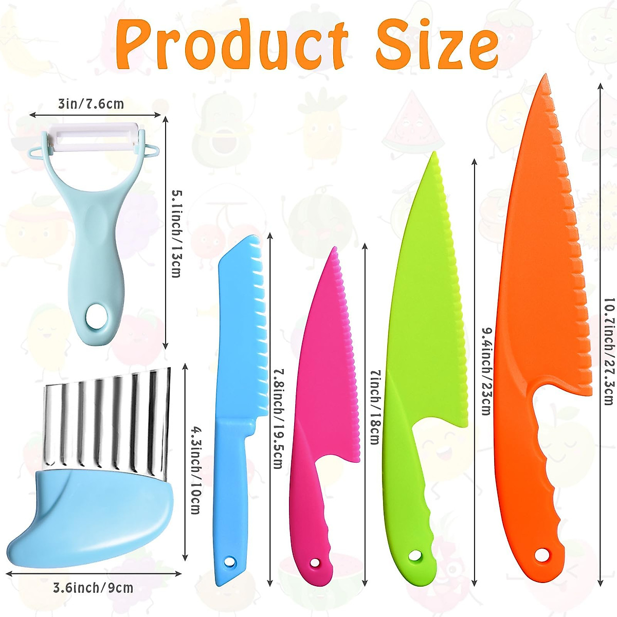 CKKAPTURE 6Pcs Plastic Knives, Knife for Kids, Kids Knife for Chopping, Kitchen Knives Child Safety Knife in 4 Sizes and Plastic Cutting Board/Paring Knife for Vegetables Fruits Salad