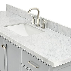 ARIEL Single Bath Vanity 67" Inch Grey, 1.5" Edge Carrara Marble Countertop & Splash, Rectangular Sink, 2 Soft Closing Doors, 9 Full Extension Dovetail Drawers, Brushed Nickel