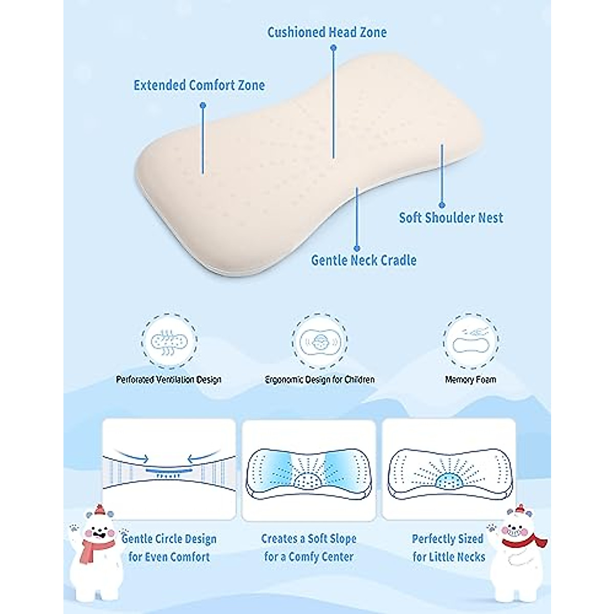 Little Bo Baby Toddler Pillow, BASF Memory Foam Core Pillow - Ventilated & Height Adjustable - 1 Pack Toddler Size - Without Pillowcase