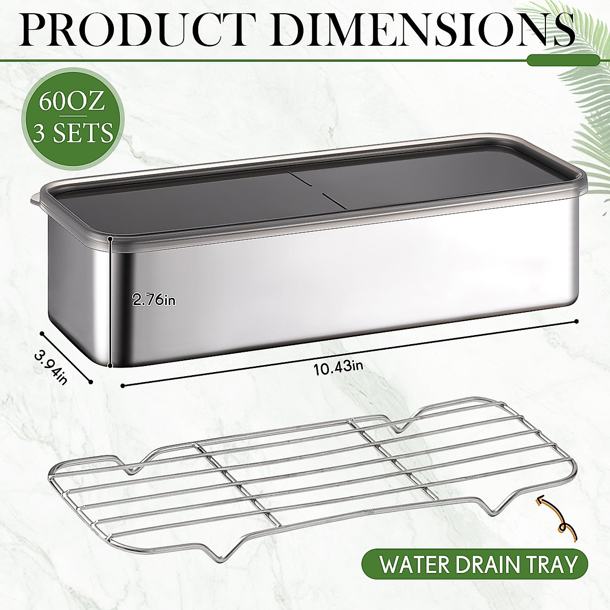 Hushee 3 Set 304 Stainless Steel Containers for Fridge, with Removable Drain Tray, Fruit Bacon Storage Airtight Deli Meat Container with Lids for Fresh Dry Food Storage(10.43 x 3.94 x 2.76 Inch)