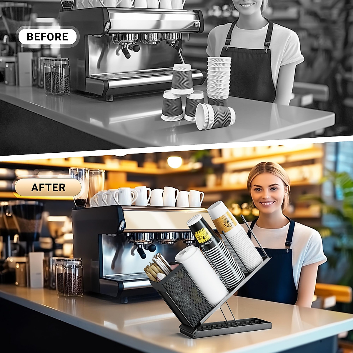 Dunatou Cup and Lid Holder, Adjustable Coffee Cup Holder Organizer, 4 Compartment Coffee Cup Dispenser, straw dispenser for Countertop Coffee Station Bar Office Breakroom, Black