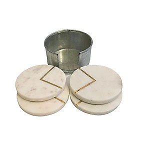 Hand Carved Natural White Marble Coasters - Set of 4 Half Mango Wood or Half Brass - Round Marble Coasters Set for Drinks. Brass/Wood & Marble Home Decor - Marble Coaster Set (Marble & Brass)