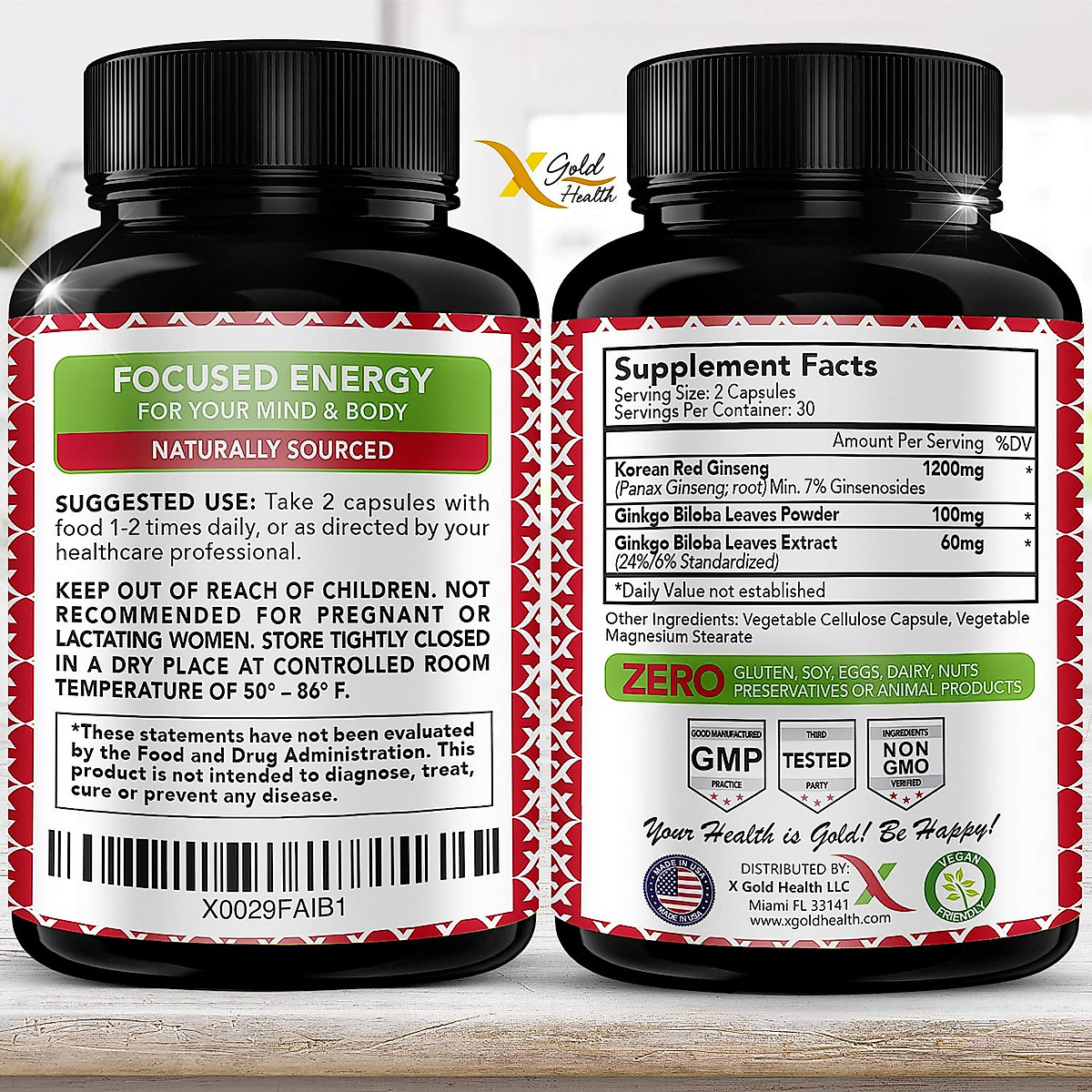 Korean Red Panax Ginseng 1200mg + Ginkgo Biloba - Extra Strength Root Extract Powder Supplement w/High Ginsenosides Vegan Capsules for Energy, Performance & Focus - Supplement for Men & Women