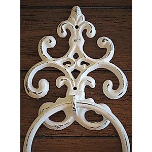 Shabby Chic Towel Ring, Antique White or Pick Color Towel Hanger, Heavy Cast Iron Bathroom Towel Hook, Fleur de Lis Design
