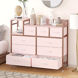 GarveeHome Dresser for Bedroom with 9 Drawer, Tv Stand with Charging Station, Fabric Chest of Drawers for Bedroom Dresser for Modern Design, Pink
