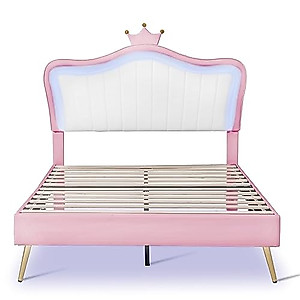 TURRIDU Full Size Bed Frame, PU Leather Upholstered Platform Bed with LED Lights and Crown Headboard, Luxury Upholstered Bed for Boys Girls, White+Pink