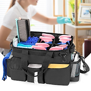 LoDrid Large Wearable Cleaning Caddy Bag with Detachable Divider, Cleaning Organizer with Handles, Cleaning Supply Tote with Adjustable Shoulder Strap for Cleaners & Housekeepers, Black