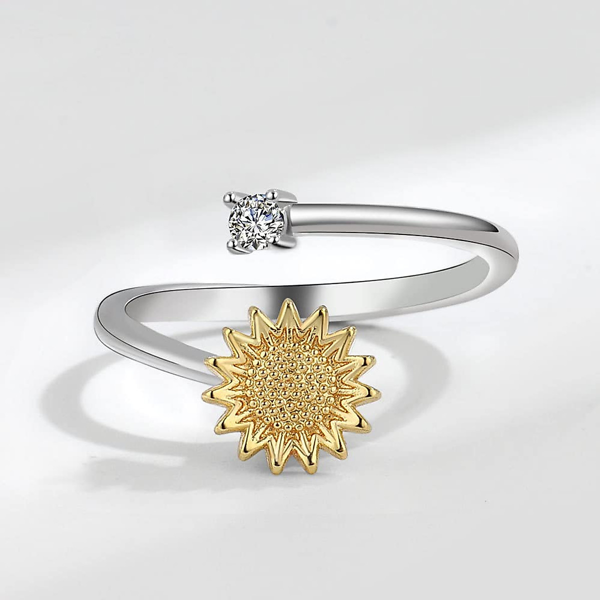 Yellow Sunflower Spinner Fidget Open Ring for Women Girls Crystal Cubic Zirconia Daisy Flower Adjustable Stacking Statement Thin Finger Rings Rotate Anti Worry Anxiety Expandable Band Cute Jewelry