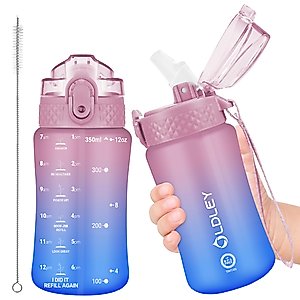 OLDLEY Kids Water Bottle for School, 12 oz (Straw Lid) BPA-Free Reusable Leak-proof Durable Tritan Plastic Water Bottles with One-handed Opening Straw Lids, Anti-dust Spout Cover (Pink-Blue)