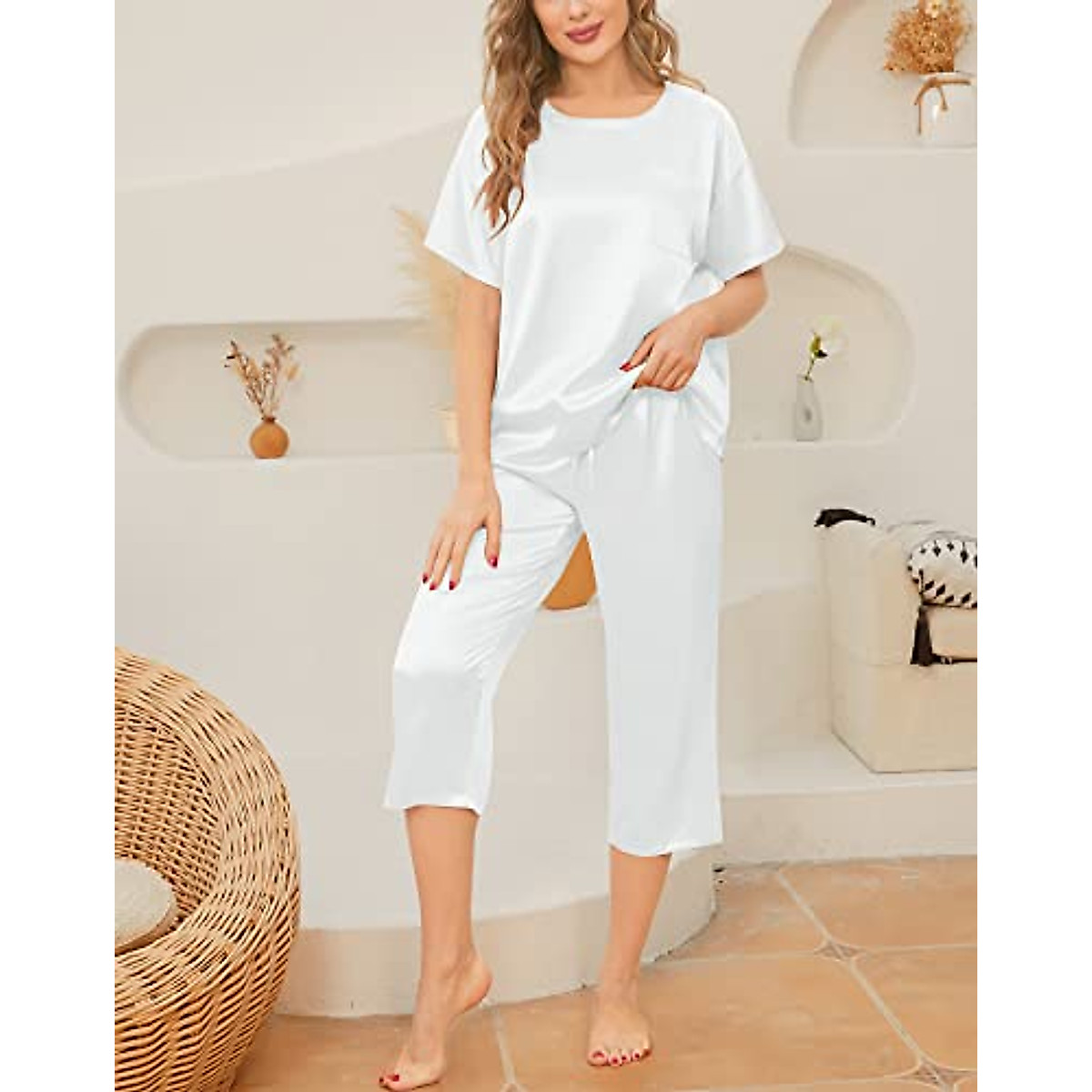 SWOMOG Womens 2 Piece Satin Pajamas Silk Short Sleeve Pjs Sets Capri Bottom Pajama Pants Soft Outfits with Pockets White