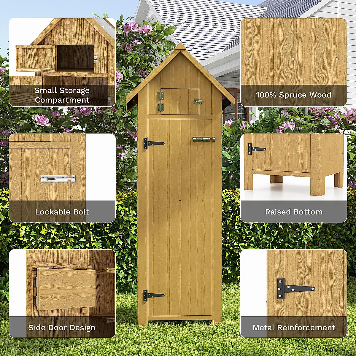 Patiowell Outdoor Storage Cabinet, Wooden Garden Shed with Waterproof Roof and Lockable Doors, Outside Vertical Tall Tool Shed for Graden Yard, Natural Wood