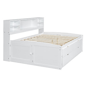 Merax Full Size Wood Daybed with 2 Bedside Cabinets, Upper Shelves and 4 Drawers, Full Daybed Sofa Bed for Living Room, Guest Room, White