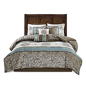 Madison Park Comforter Faux Silk-Traditional Luxurious Jacquard Design All Season Set, Matching Bed Skirt, Decorative Pillows, King(104"x92"), Blue 7 Piece