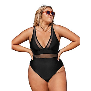 CUPSHE Women Plus Size One Piece Swimsuit V Neck Mesh Sheer Tummy Control Bathing Suit with Adjustable Wide Straps, 1X Black