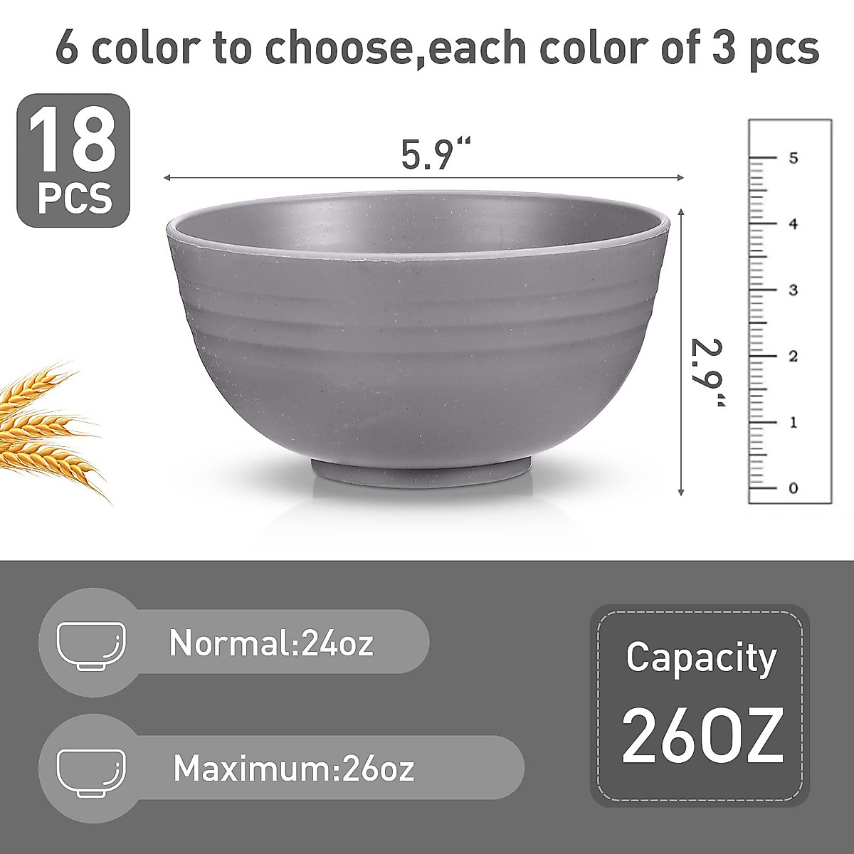 18 Pcs Unbreakable Cereal Bowls 24 Oz Microwave and Dishwasher Safe Wheat Straw Fiber Lightweight Bowl Soup Bowls Microwavable Kitchen Bowls for Serving Salad Rice Pasta Dishes Oatmeal (Gray)