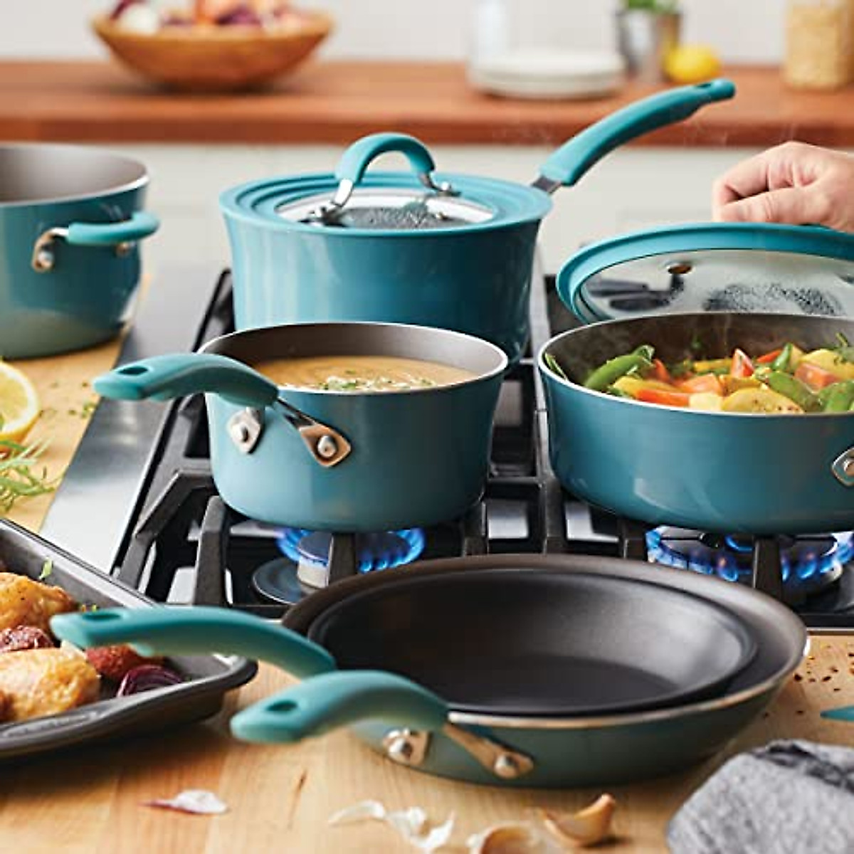 Rachael Ray Cook + Create Nonstick Cookware/Pots and Pan Set, 10 Piece, Agave Blue