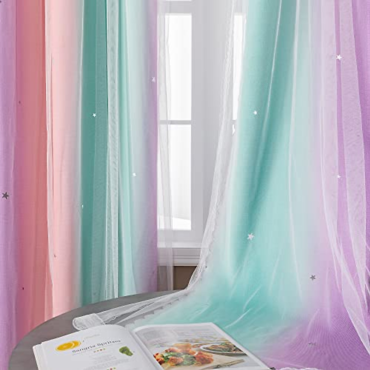 XiDi Curtains for Girls Bedroom Decor, Rainbow Curtains for Kids Room Decor, Purple Blackout Curtains for Little Girl Room, Unicorn Wall Decals Pink Curtains Green, 63 Inches Long 34 Wide 1 Panel
