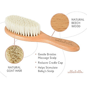 Ullabelle 4 Piece Wooden Baby Hair Brush and Comb Set for Newborns & Toddlers in Chic Gift Box - Ultra Soft Natural Goat Hair and Wood Baby Brush Set Prevents Cradle Cap - Perfect Registry Gift (Blue)