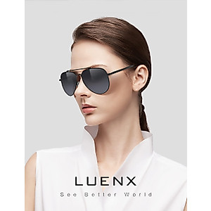 LUENX Aviator Sunglasses for Mens Womens Polarized Driving Eyewear Gradient Black Lens Metal Black Frame 60mm UV400 Protection Classic Style