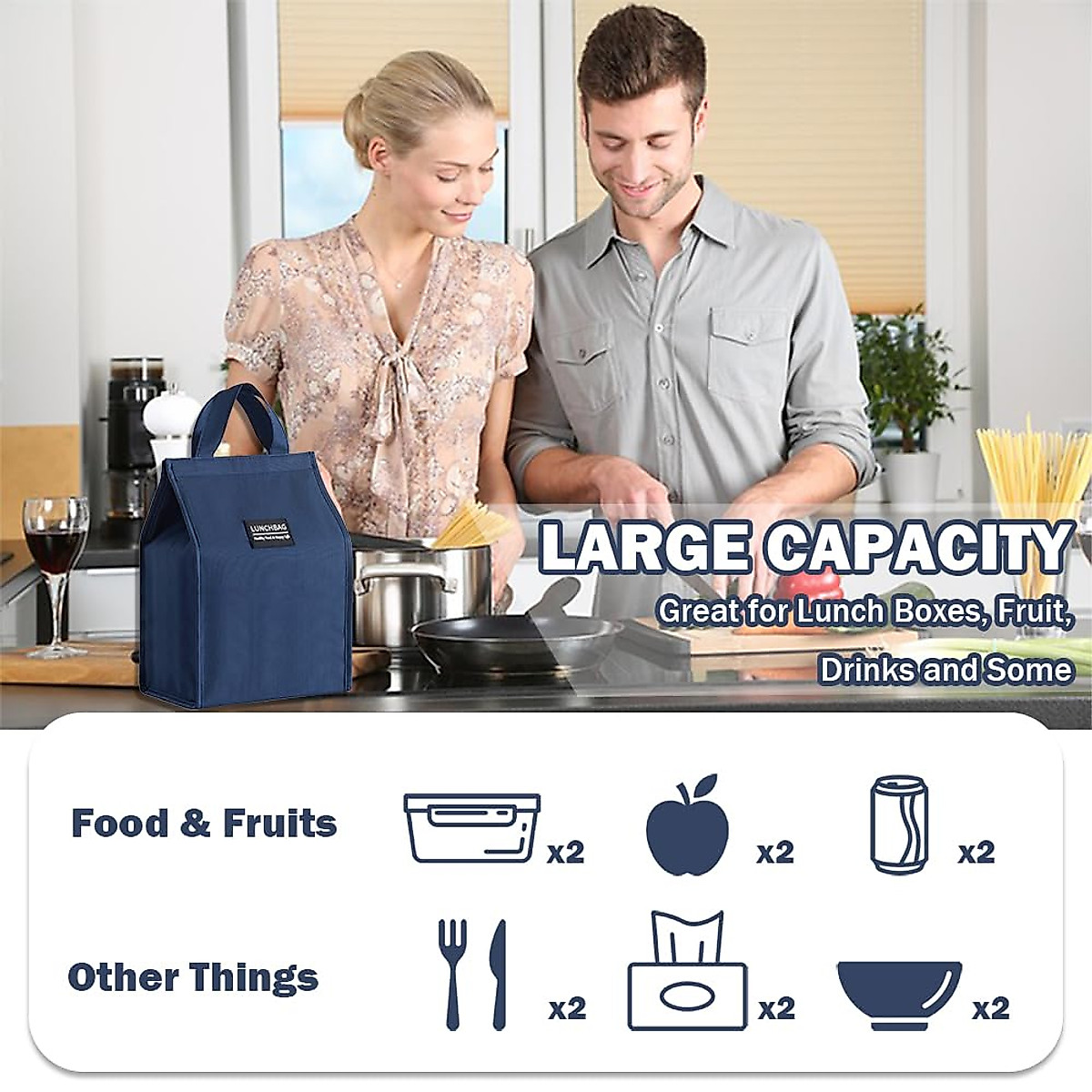 Soznveg Insulated Lunch Bag, Reusable Lunch Bag for Women Men, Small Lunch Bag Cooler Lunch Box, Insulated Bag Lunch Tote for Work Office Travel Picnic, Blue