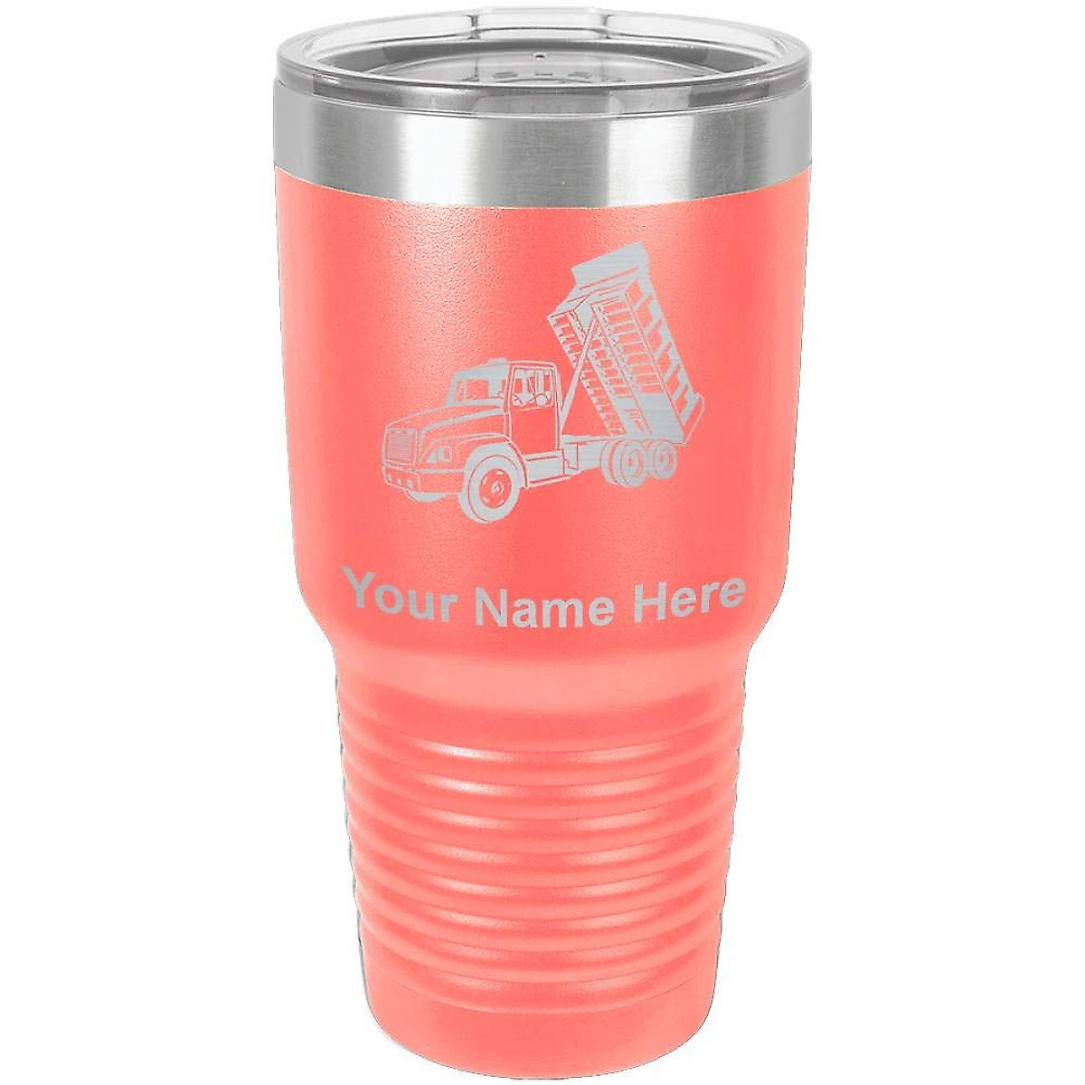 LaserGram 30oz Vacuum Insulated Tumbler Mug, Dump Truck, Personalized Engraving Included (Coral)