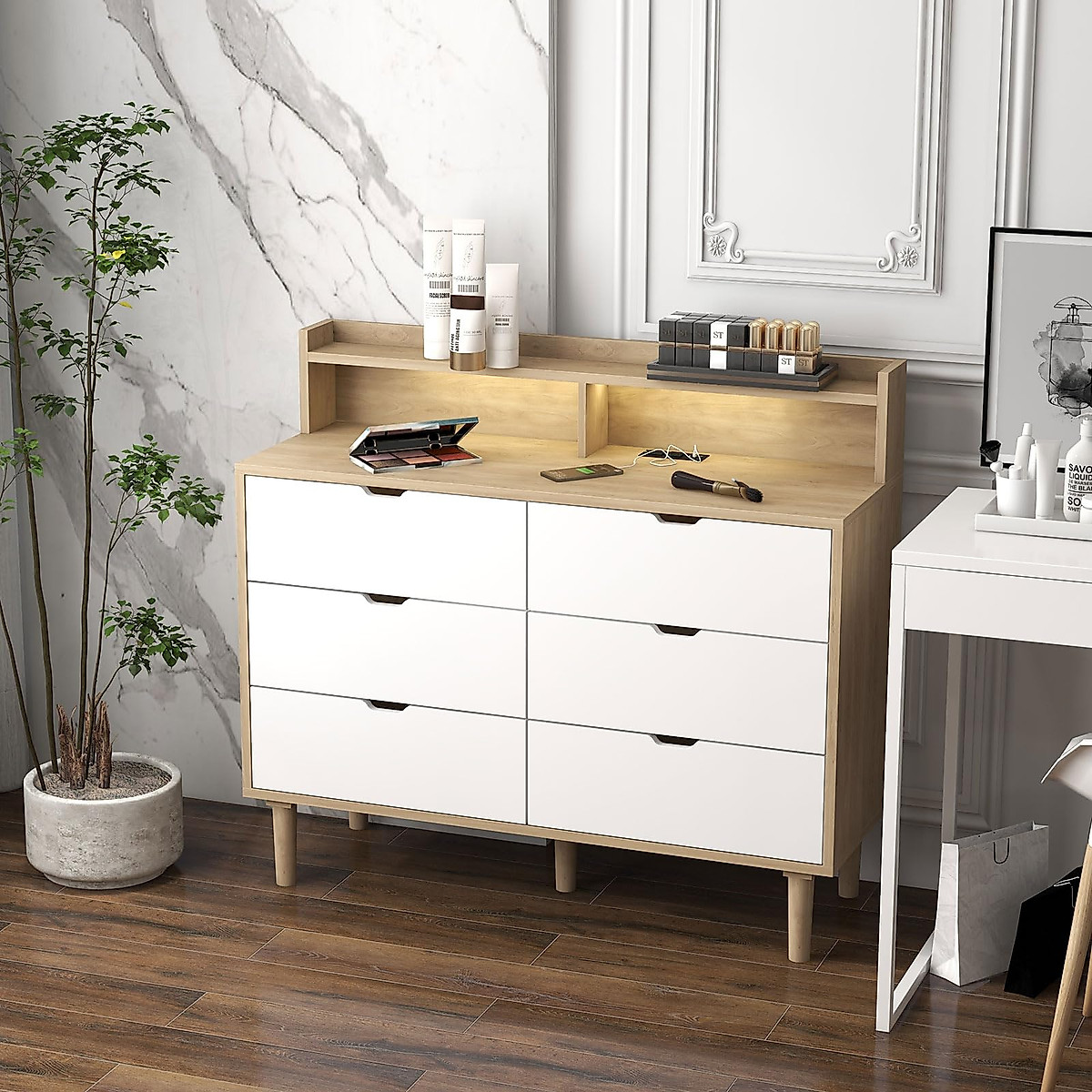 Bonzy Home 6 Drawer Dresser with Charging Station, Wooden Chest of Drawers with LED Light for Closet Hallway, Living Room, Entryway, White