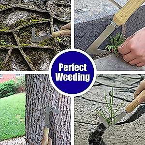 HYPGARD Crack Weeder Crevice Weeding Tool L-Shaped Puller Spatula 9" Stainless Steel Manual Weeder Wood Handle Weeding Sickle Grass Cutter Knife Lawn Yard Patio Sidewalk Gardening Tool