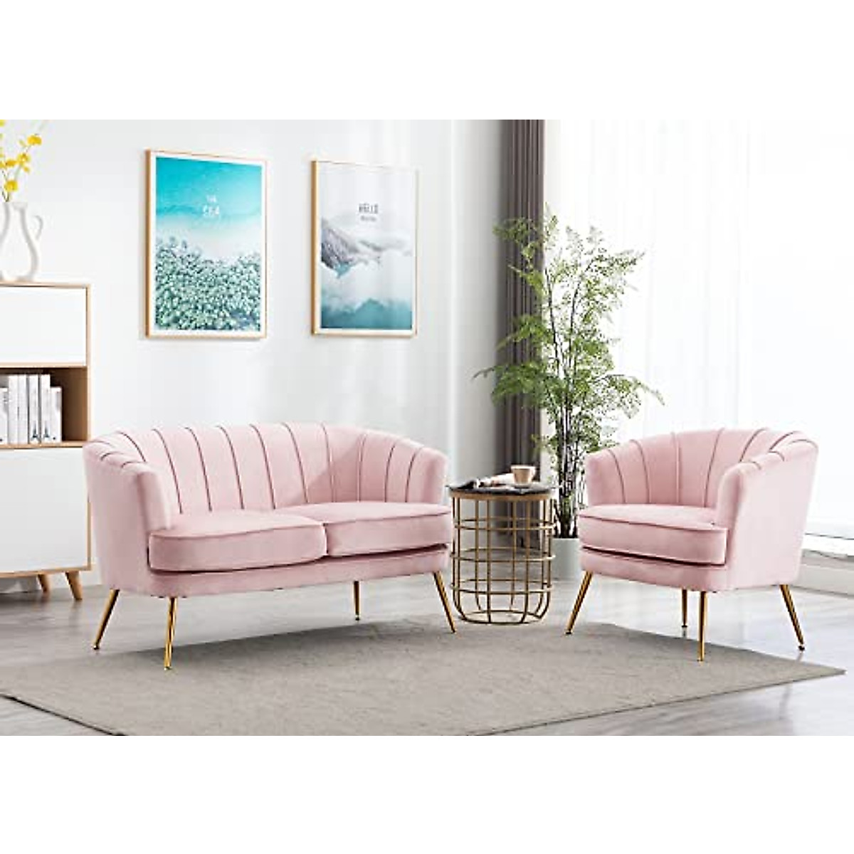 Artechworks Contemporary Velvet Loveseat Chair with Gold-Finished Metal Legs, 2-Seat Sofa for Living Room, Bedroom, Home Office, Apartment,Small Spaces, Light Pink