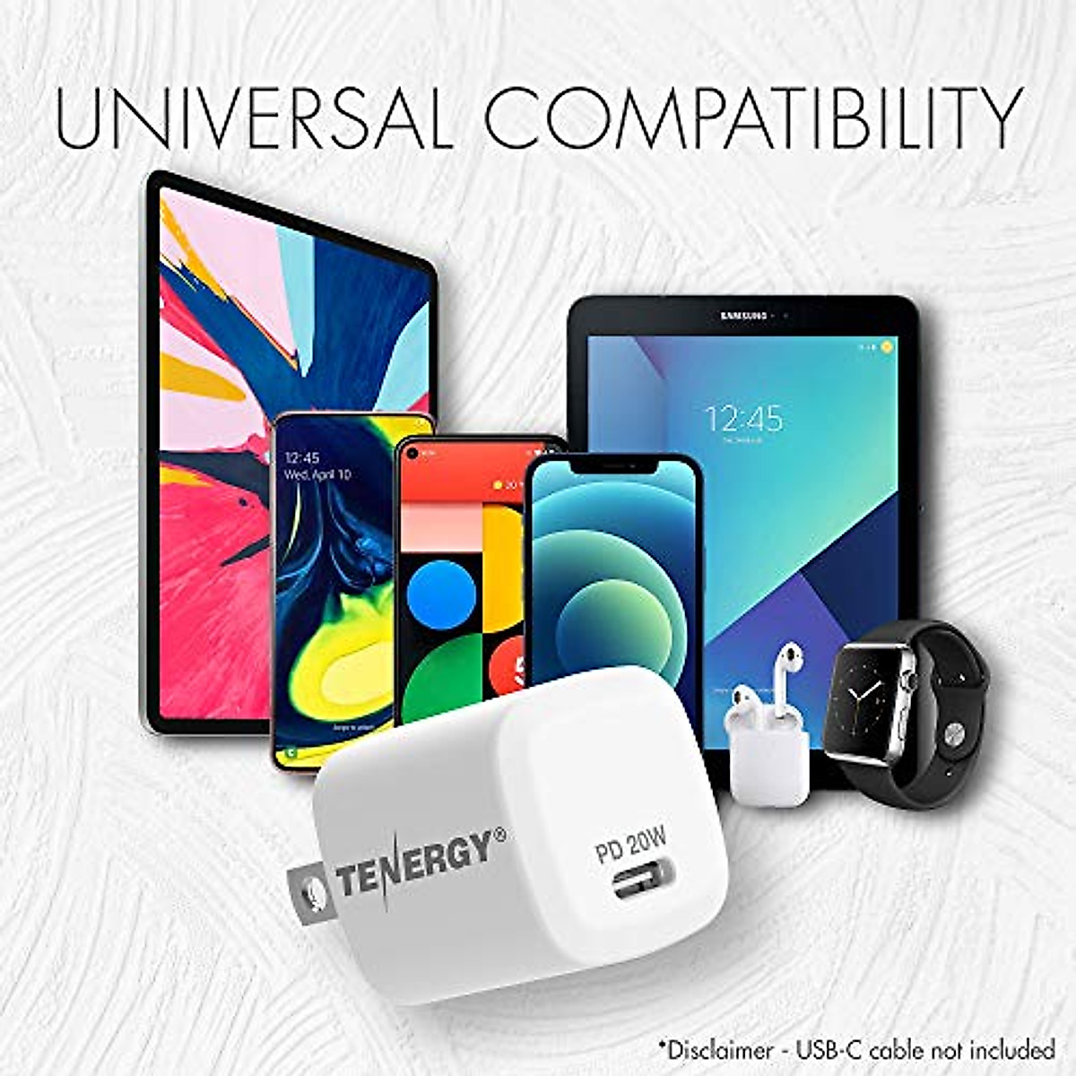 Tenergy USB-C Charger with PD 20W, Fast Charging iPhone 12/12 Mini / 12 Pro / 12 Pro Max / 11, Galaxy, Pixel 4/3, iPad Pro (Cable not Included)