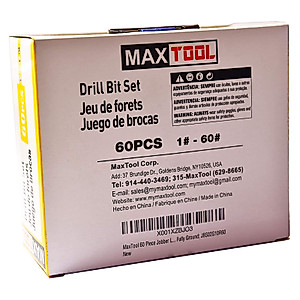 MaxTool 60 Pieces/60PCs Twist Drill Bit Set 60-Piece Drill Set Jobber Length High Speed Steel M2 Fully Ground Wire Gauge 1-60; JBS02G10R60