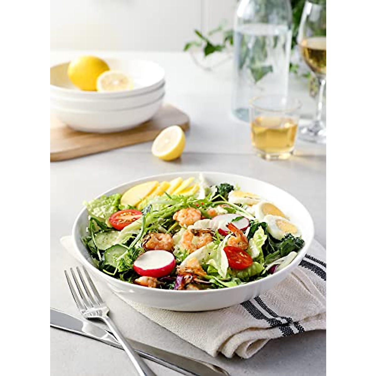 Sweese Porcelain Pasta Bowls, 45 Ounce Large Salad Serving Bowls, Wide and Shallow Bowls Set of 4, Microwave and Dishwasher Safe, White, No. 113.101